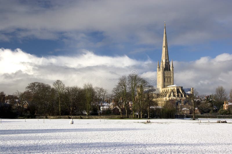 Norwich Cathedral and Cricket Field in the Snow Stock Photo - Image of ...