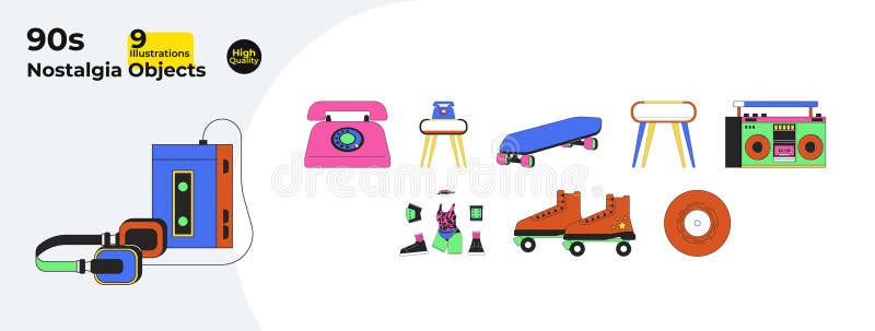 Nostalgia Retro Revival 2D Linear Cartoon Objects Bundle Stock Vector ...