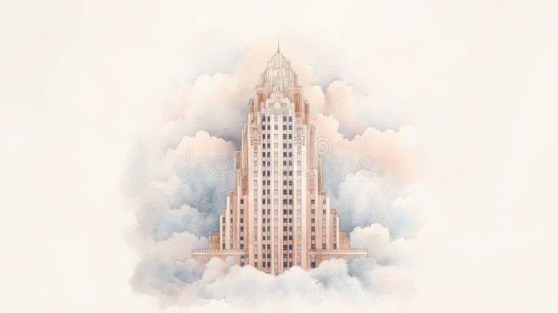 Nostalgic Art Deco Skyscraper Amidst Dreamy Clouds Stock Illustration ...