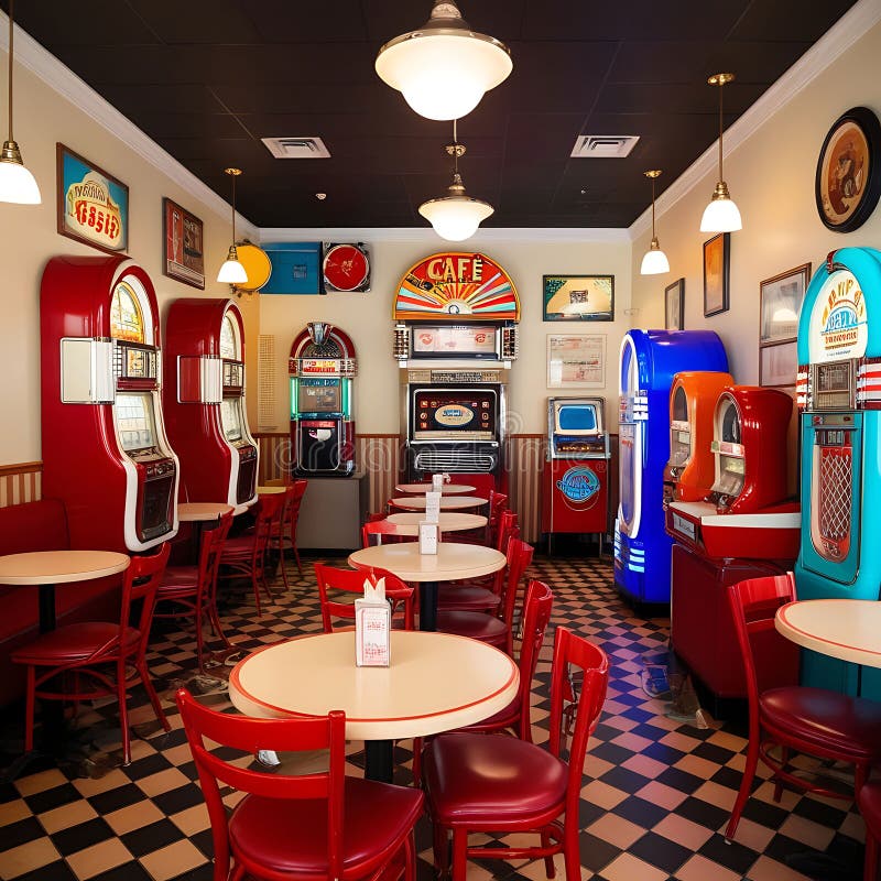 Nostalgic Cafe Scene with Milkshakes, Jukeboxes, and Vintage 80s Decor ...