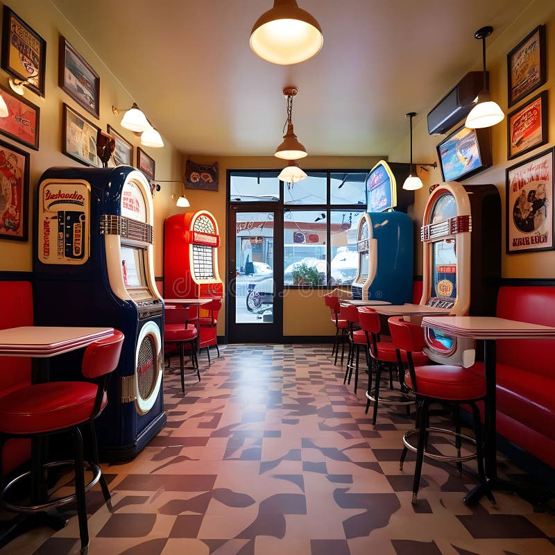 Nostalgic Cafe Scene with Milkshakes, Jukeboxes, and Vintage 80s Decor ...