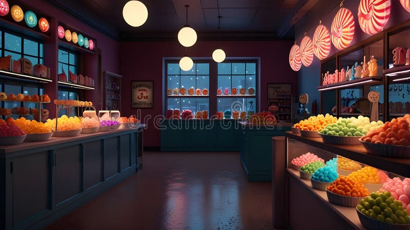 A Nostalgic Candy Store with Floating, Glowing Sweets Stock ...