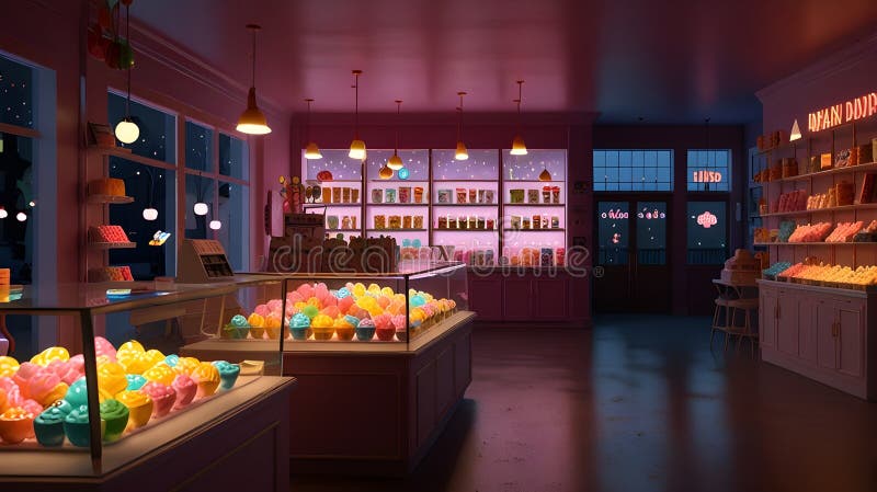 A Nostalgic Candy Store with Floating, Glowing Sweets Stock ...