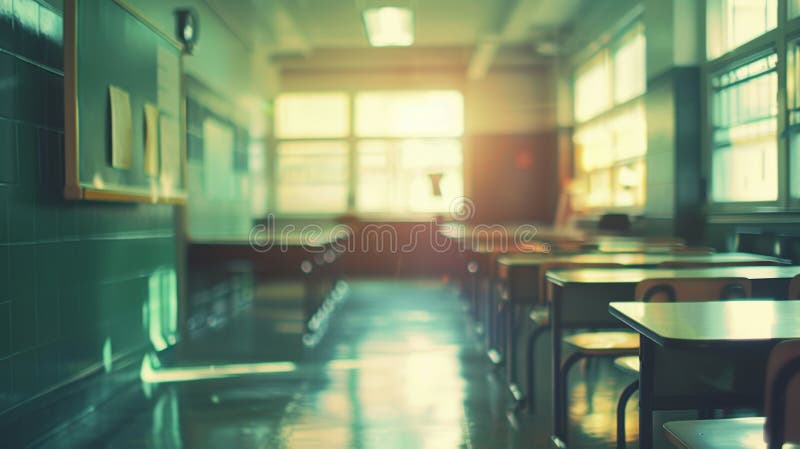 Nostalgic Classroom Scene Empty Desks and Chairs in a Blurred ...