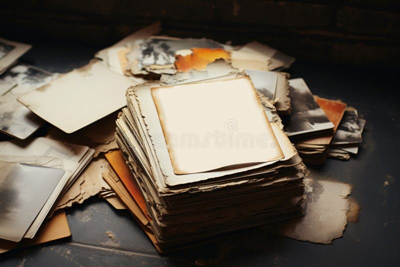 Nostalgic Collection Stack of Old, Rumpled Postcards on Grey Stock ... Nostalgic Collection Stack of Old, Rumpled Postcards on Grey Stock ...