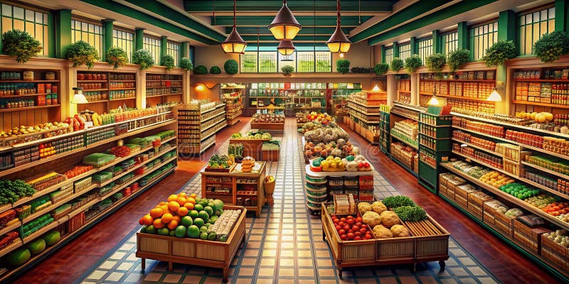 Nostalgic 3D Rendering of a Retro Grocery Store Interior Perfect for Branding Packaging or ...