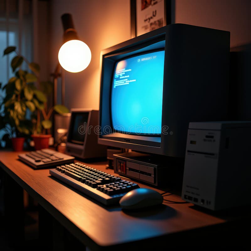 A Nostalgic Desk Setup Featuring Vintage Computer Technology Stock ...