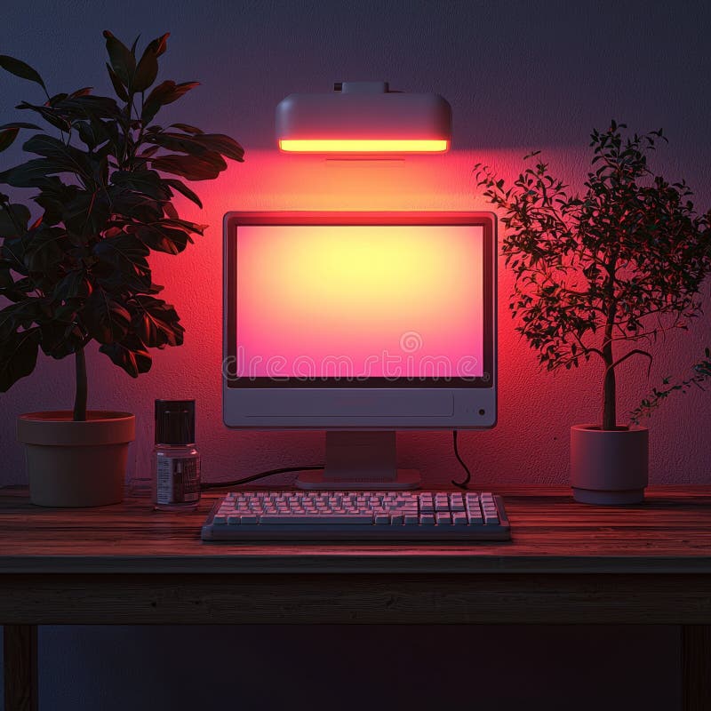 A Nostalgic Desktop Computer with a Radiant Blank Screen in Dim ...
