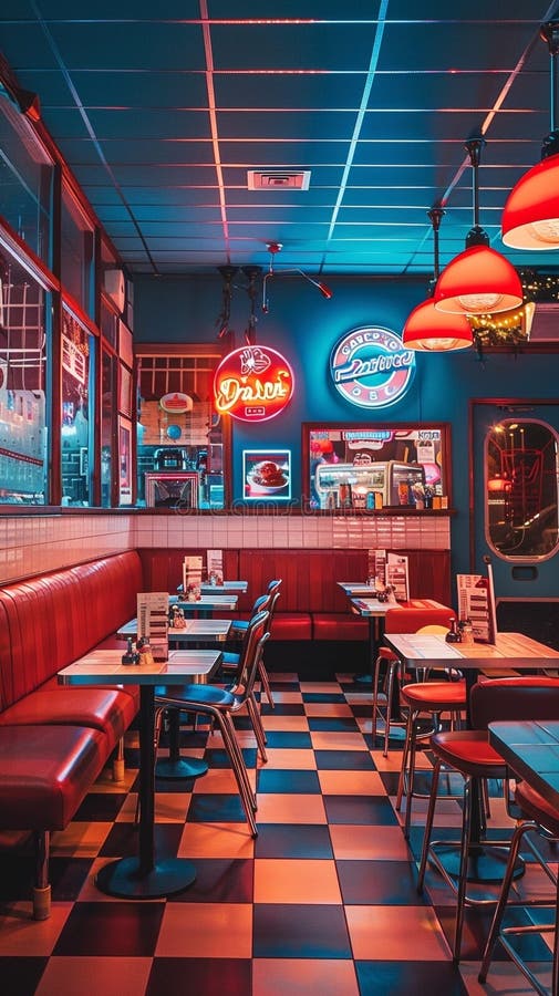 Nostalgic Diner with Retro Decor and Neon Signs Stock Illustration ...