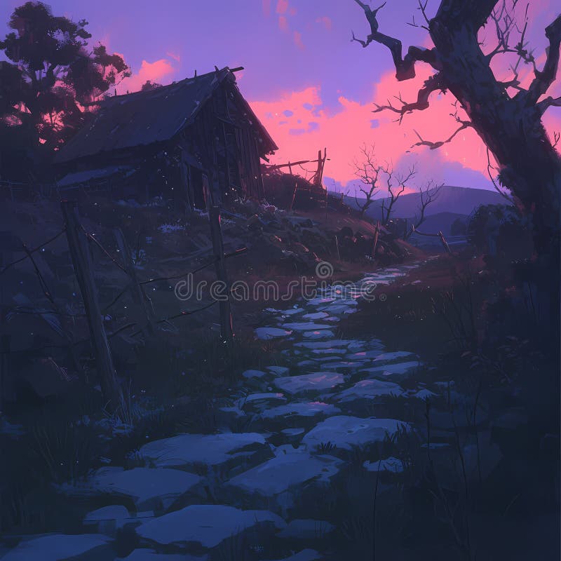 Nostalgic Farmhouse Path at Sunset Stock Illustration - Illustration of ...