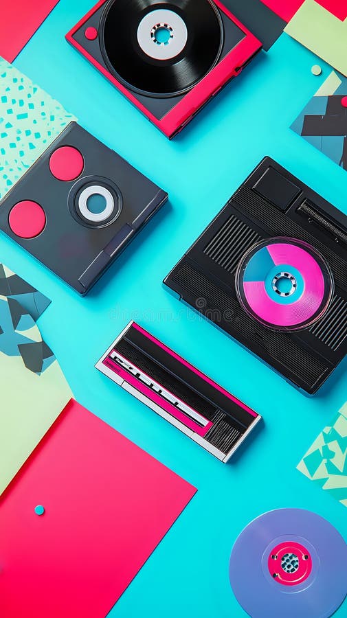 Nostalgic Flat Lay of Classic 90s Tech Items on Colorful Background ...