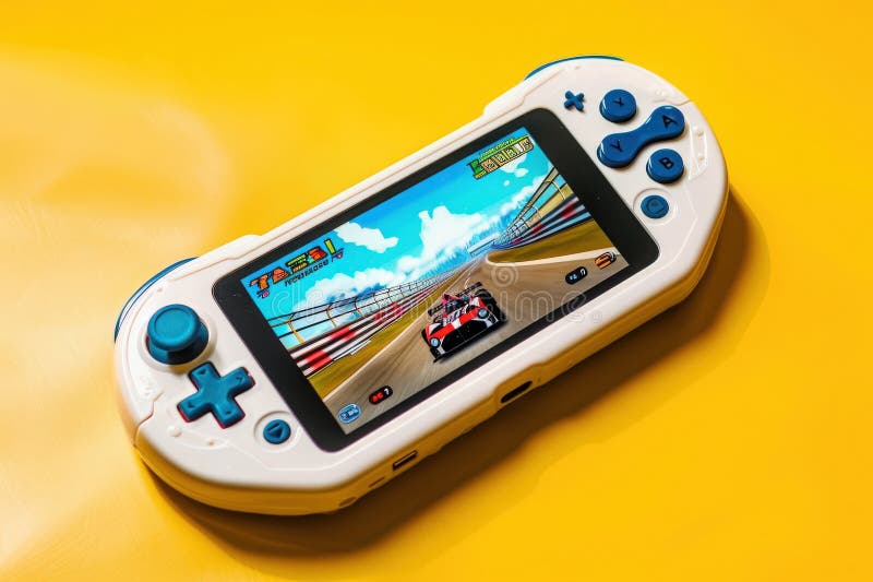 Vintage Handheld Gaming Console Displaying Racing Game on Bright Yellow ...