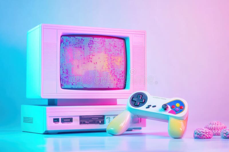 Retro Gaming Console with Pixelated Display and Colorful Controller on ...