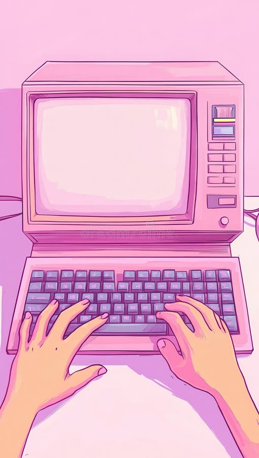 A Nostalgic Illustration of Hands Typing on a Vintage Pink Computer ...