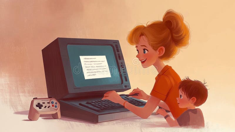 Retro Illustration of a Family Using a Vintage Computer Stock ...