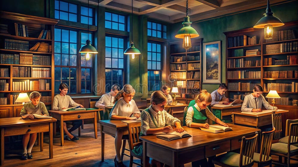 Nostalgic Library Study Session Vintage Secondary Education Students ...