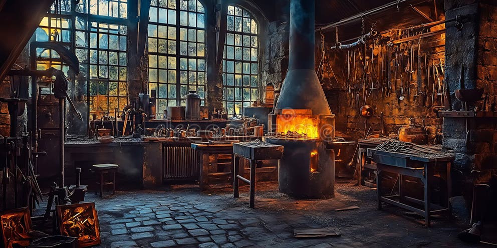Nostalgic Medieval Blacksmith Workshop with Live Demonstrations for a Historic Experience Stock ...
