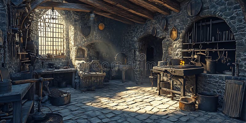 Nostalgic Medieval Blacksmith Workshop with Live Demonstrations for a Historic Experience Stock ...