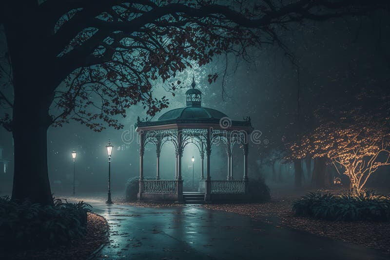 Nostalgic Night at Empty Raining Abandon Park Stock Illustration ...