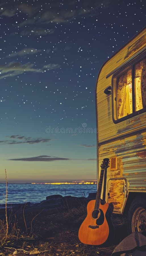 Nostalgic Photograph of a Guitar in a Camper by the Ocean Shore Under a ...