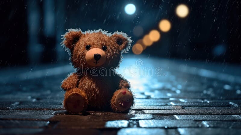 Nostalgic Reflections: a Teddy Bear S Solitude on Rain-Soaked Asphalt ...