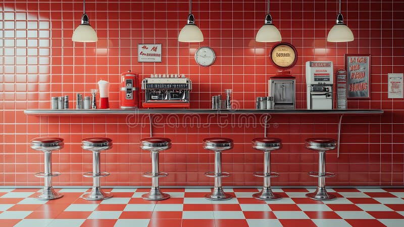 Nostalgic Retro Diner Interior with Classic Red and White Color Scheme ...