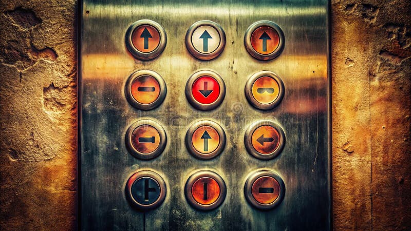 Nostalgic Retro Elevator Buttons Up and Down Arrows on Aged Metal Panel Rustic Design for a ...