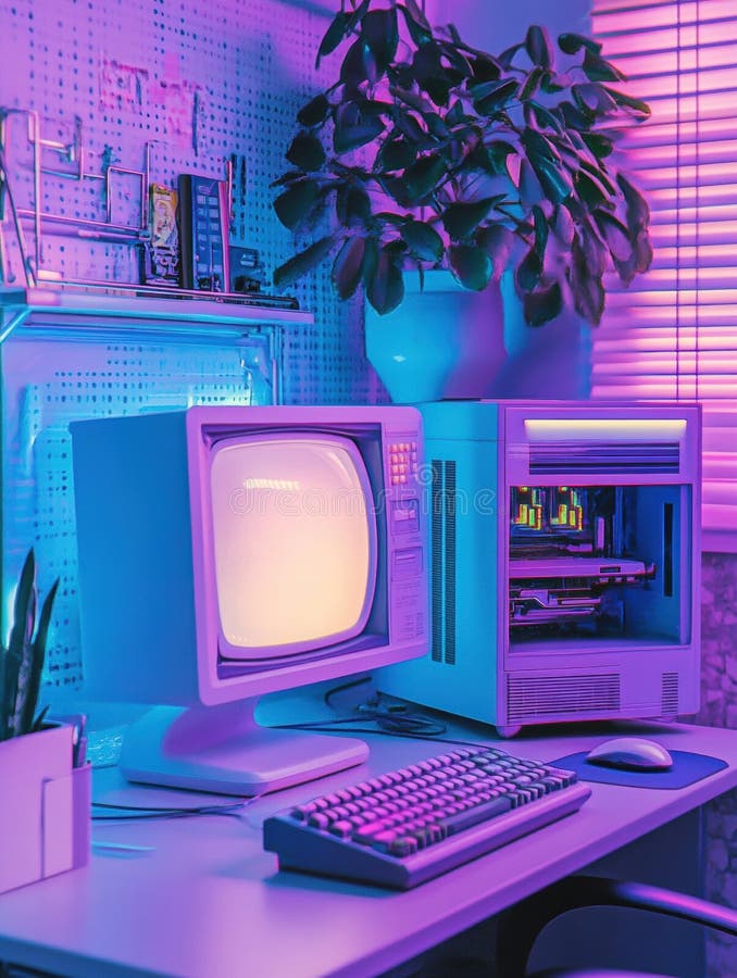 Nostalgic Retro-futuristic Workspace with Vintage Computer and Neon ...