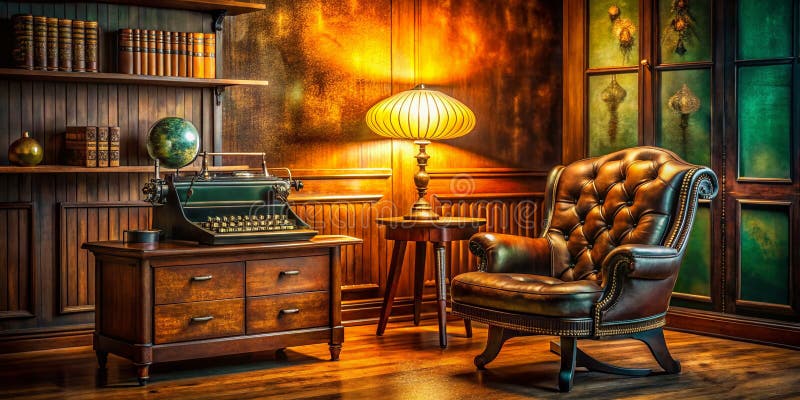Nostalgic Retro Office Space Authentic Vintage Desk and Warm Lighting ...
