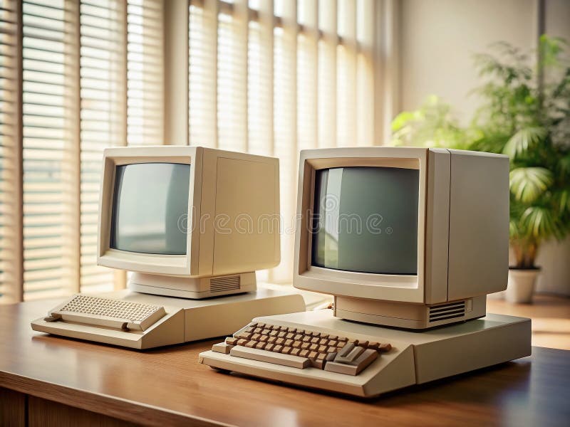 Nostalgic 1980s Office Workspace a Retro Desk Featuring Two Vintage ...