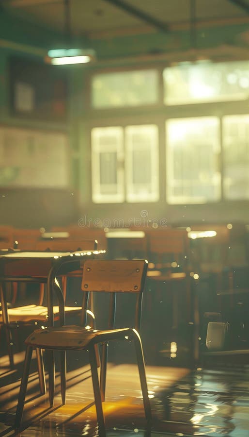 Nostalgic Scene of an Elementary School Classroom with Empty Desks and ...
