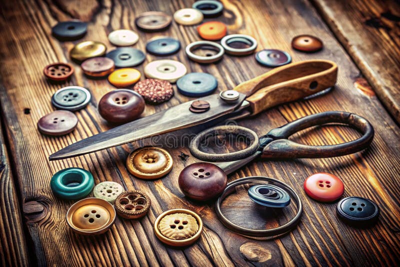 Vintage Scissors and Buttons on Wooden Table Stock Illustration ...