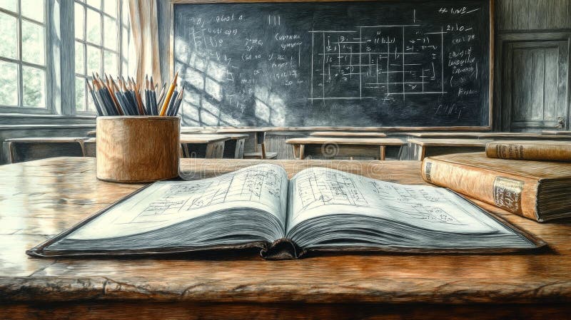 Vintage Classroom with Open Textbook and Chalkboard Generative AI Stock ...