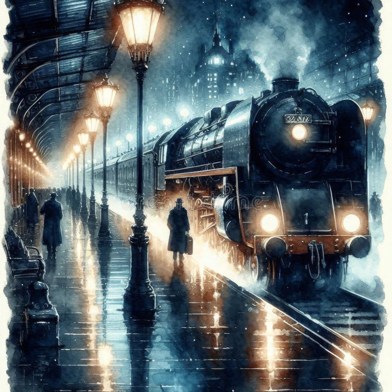 Nostalgic Night Train Scene Stock Illustration - Illustration of ...