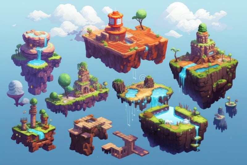 Nostalgic Set of Platforms in Pixel Art. Old Arcade Game Stock ...