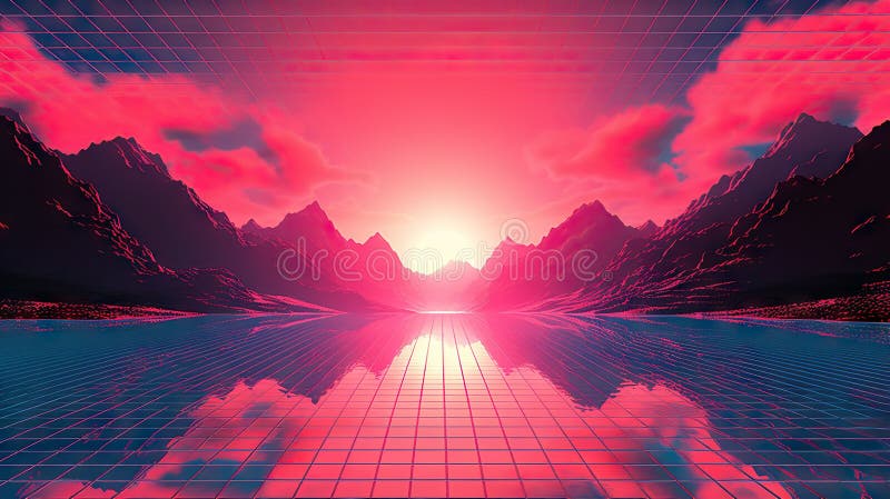 Nostalgic Vibes Retro 1990s 3D Computer Graphics Render Landscape with ...