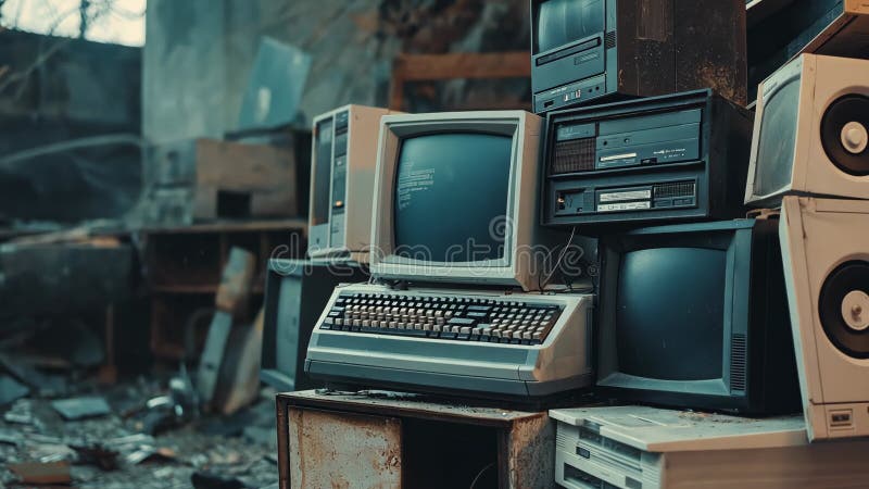 A Nostalgic View of an Old-school Computer Setup with CRT Monitors ...