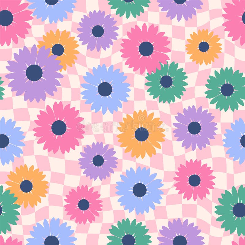 Flower and Checkerboard Print, Seamless Pattern 1970 S Groovy Design ...
