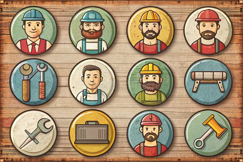 Nostalgic Vintage Handyman Icon Set a Collection of Worn Buttons ...