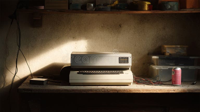 Nostalgic Vintage Personal Computer on a Workbench, Bathed in Sunlight ...