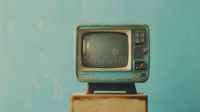 Nostalgic Vintage Television Set on a Vintage Box, Against a Soft Blue ...
