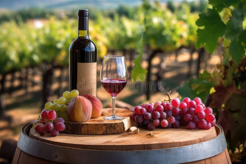 Nostalgic Winery Still Life: Rustic Wine Barrel with Logo in Vineyard ...