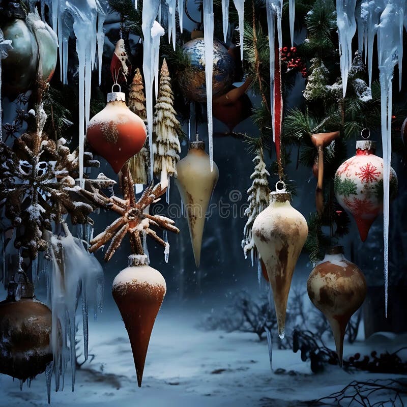 AI Generated Illustration of Vintage Chistmas Baubles Left To Frozen in ...