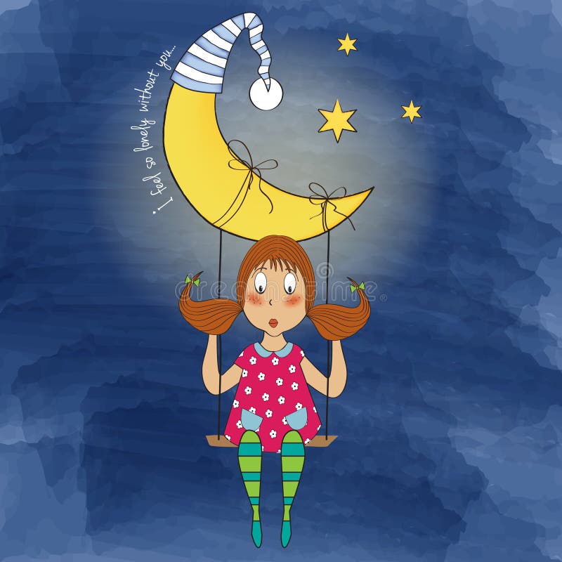 Nostalgic Young Girl Swinging in a Swing Hanging from the Moon Stock ...