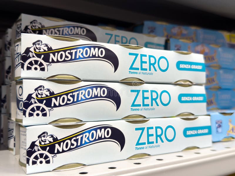 Nostromo Zero Tuna Cans on Supermarket Shelf with Blue Packaging ...