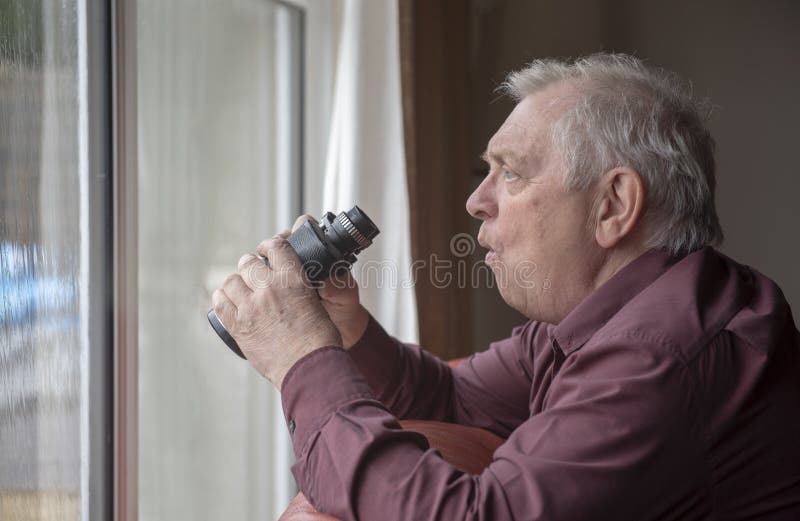 Nosy Neighbor Looking Out of Window with Binoculars Stock Photo - Image ...