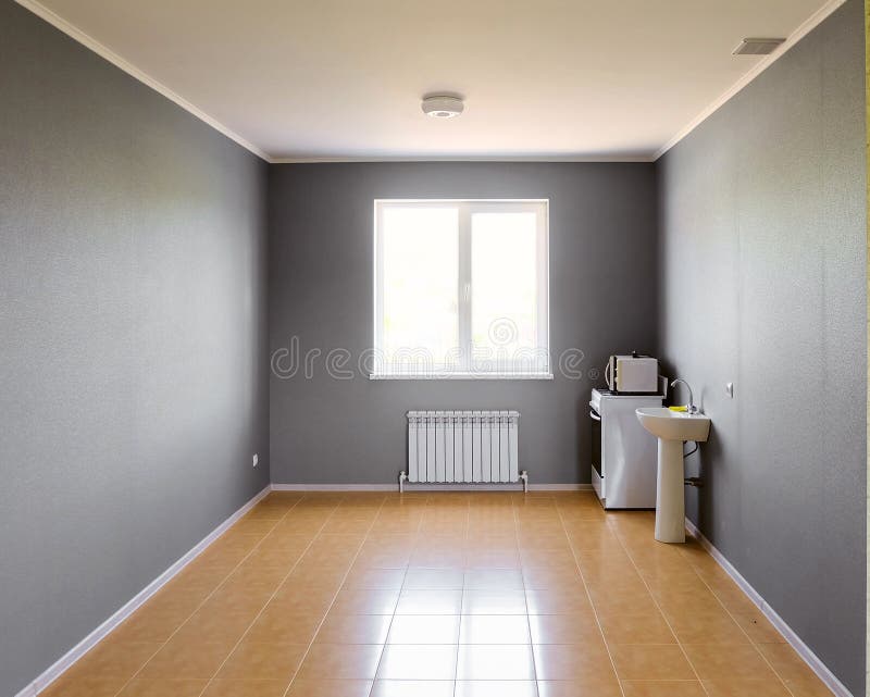 Not Equipped Empty Kitchen Room with Bright Window Stock Photo - Image ...