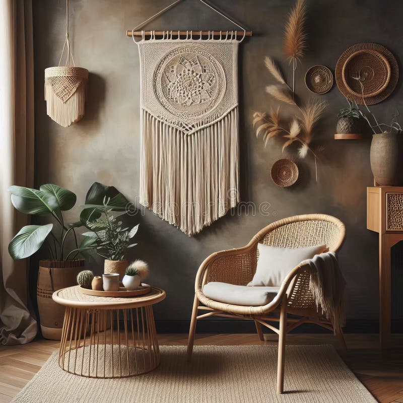 Notable Features a MacramÃ© Wall Hanging and a Rattan Armchair Stock ...