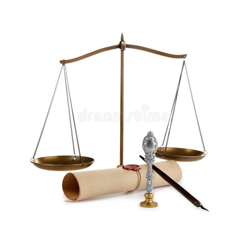 Notary`s Public Pen, Sealed Document and Scales Isolated Stock Image ...