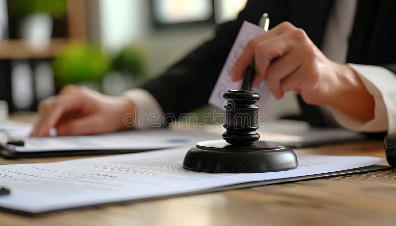 Notary Stamping Document at Wooden Table in Office, Closeup Stock Photo ...